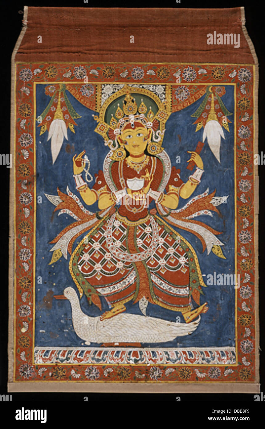 This sculpture depicts the Hindu goddesses Indrani and Brahmani, both ...