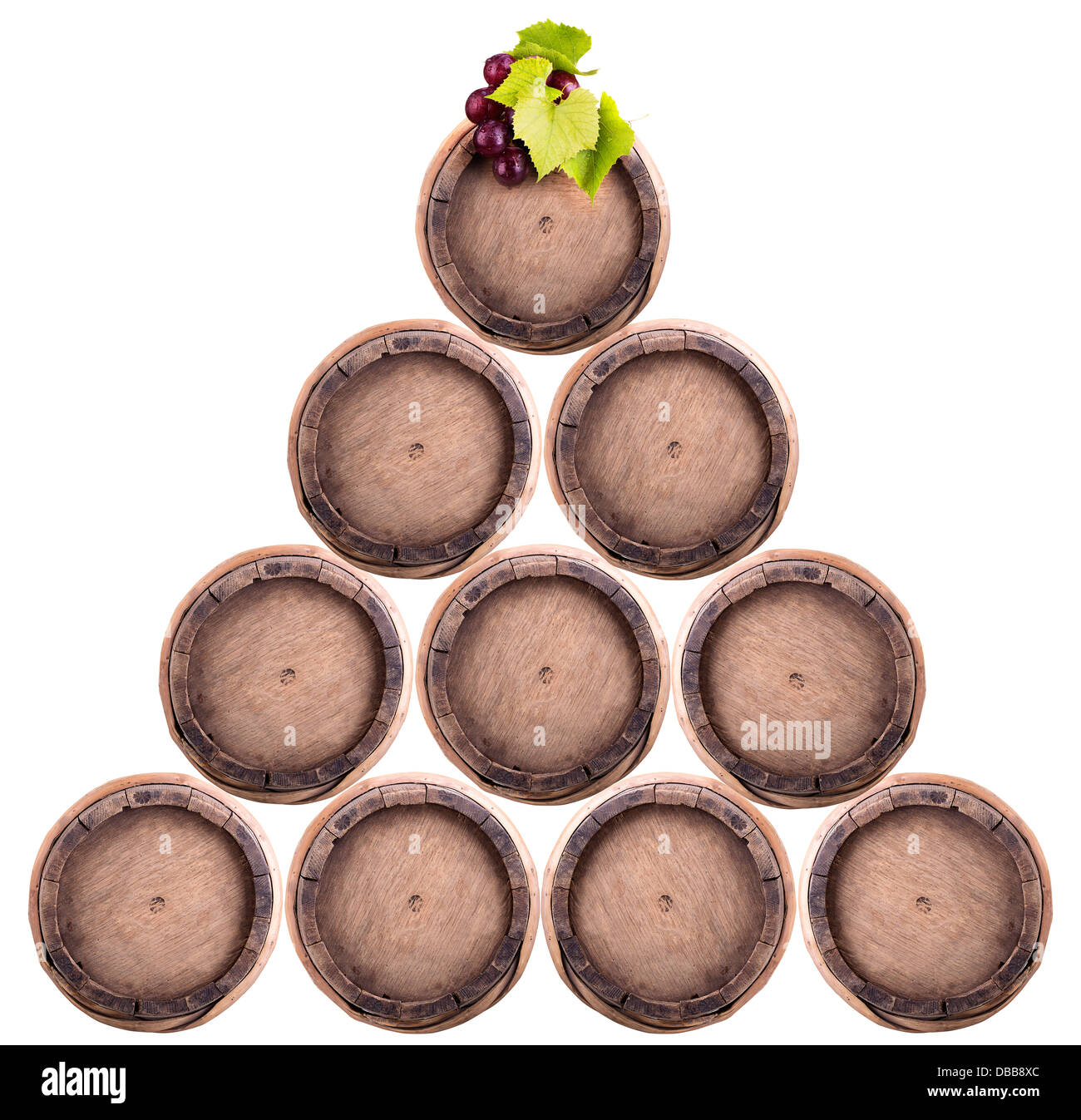 Wine barrels with grapevine in pyramid isolated Stock Photo - Alamy