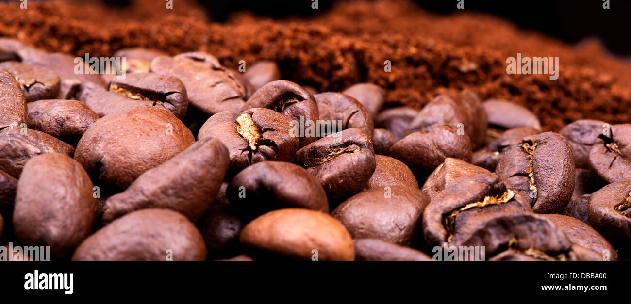 Closeup of coffee beans. Coffee bean on macro ground coffee background ...