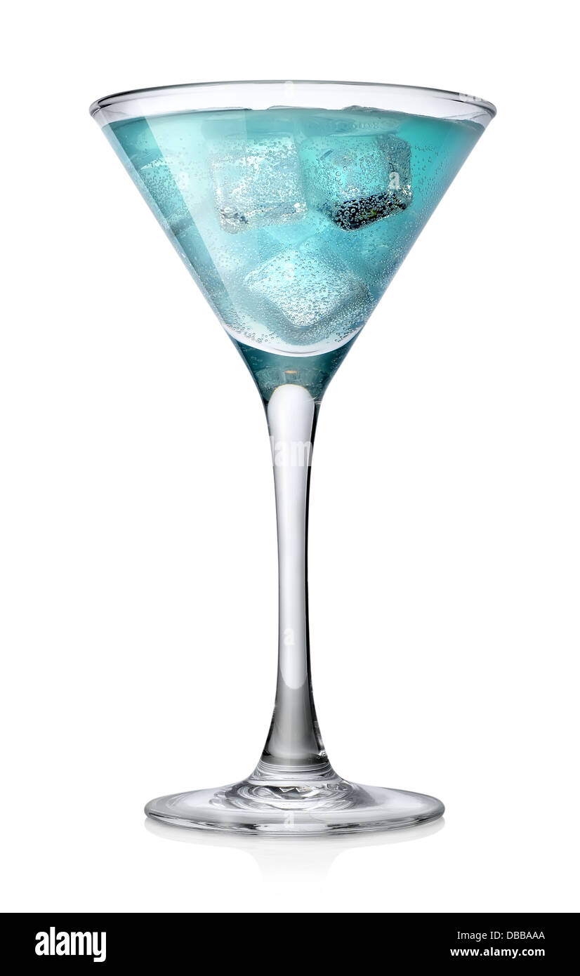 Blue cocktail with ice cubes in a high glass isolated on a white ...