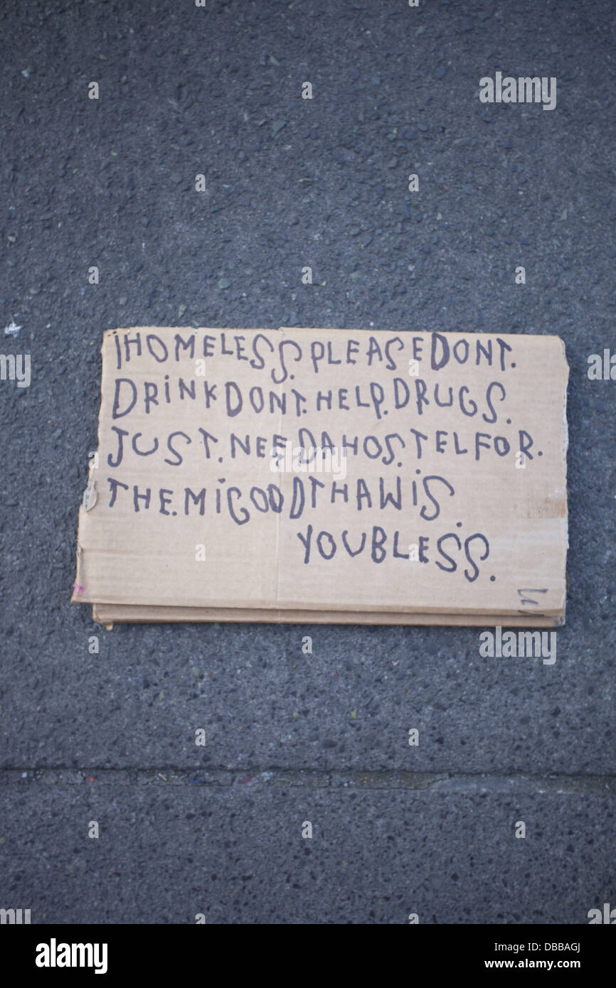 Homeless persons placard Stock Photo - Alamy