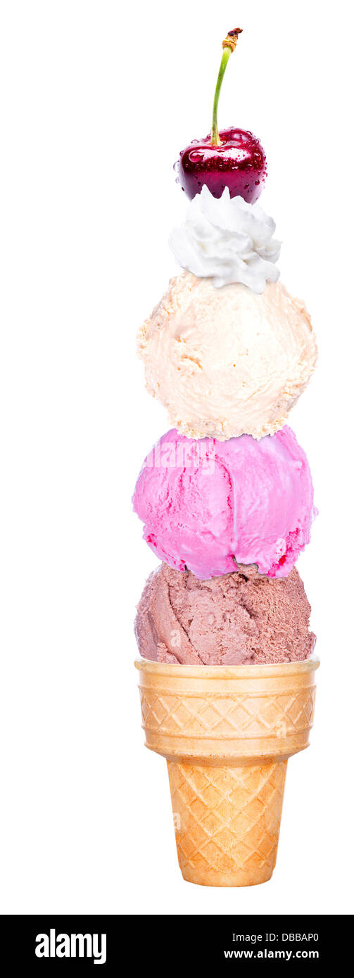 Three scoops of ice creams with cone and cherry on a top isolated ... Three scoops of ice creams with cone and cherry on a top isolated ...
