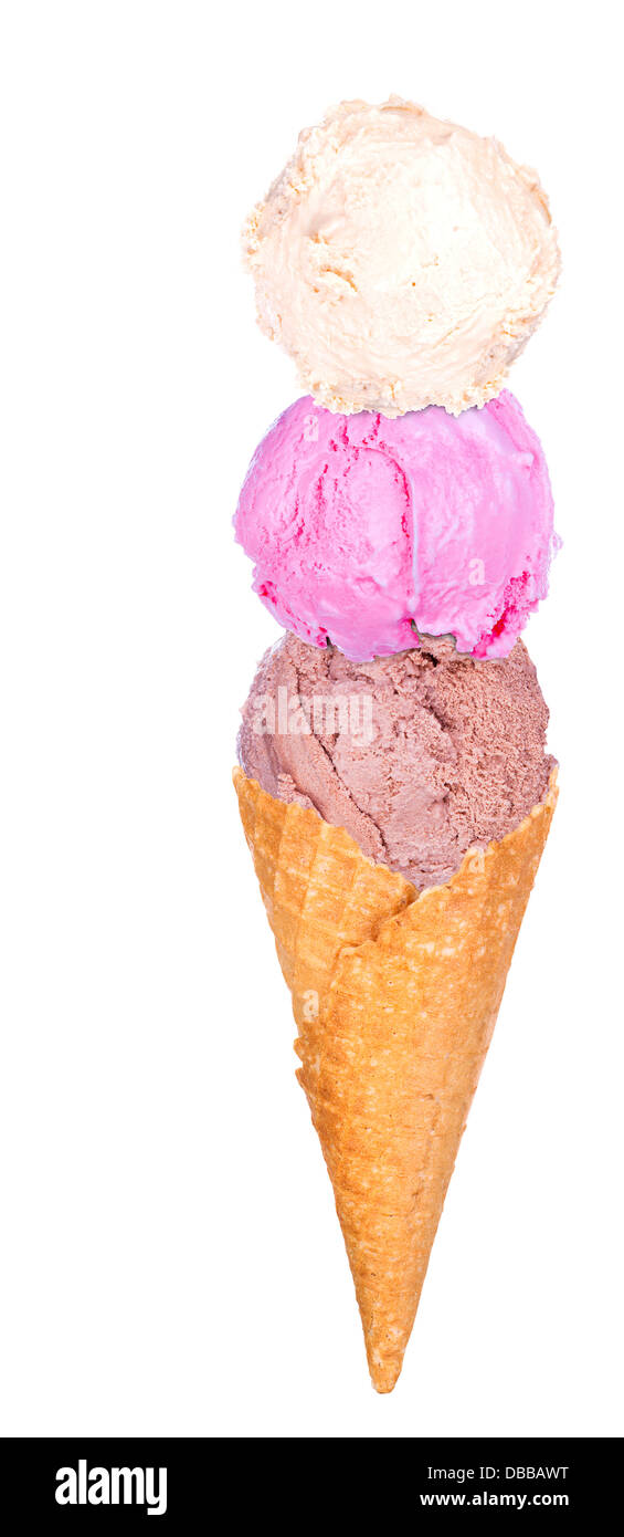 Three scoops of ice creams with cone on white background Stock Photo ...