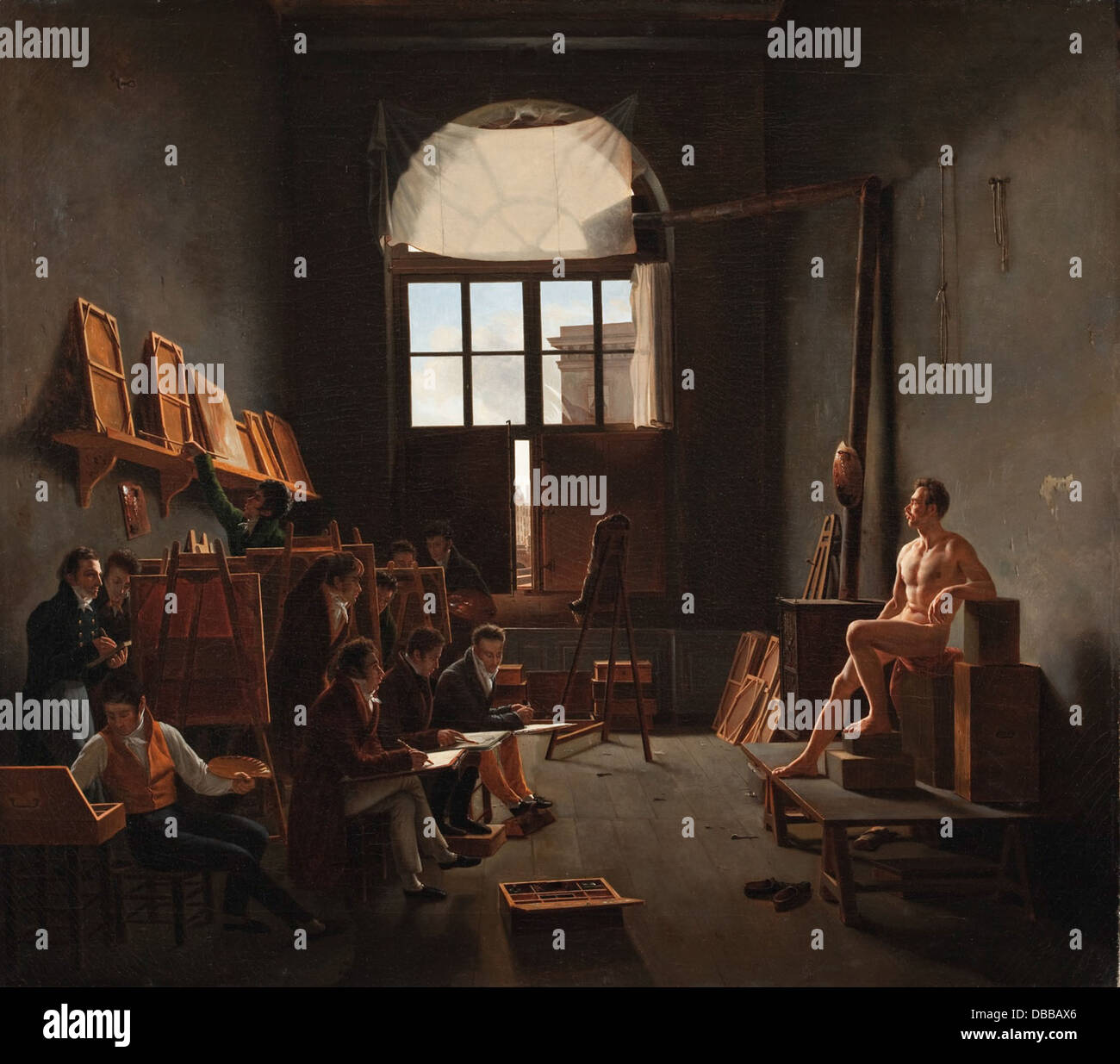 This painting depicts the studio of Jacques-Louis David, a prominent ...