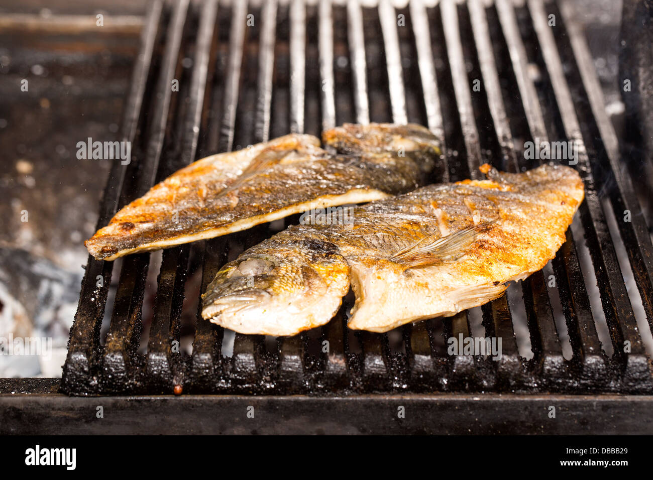 cooking fish on the grill in the restaurant Stock Photo - Alamy