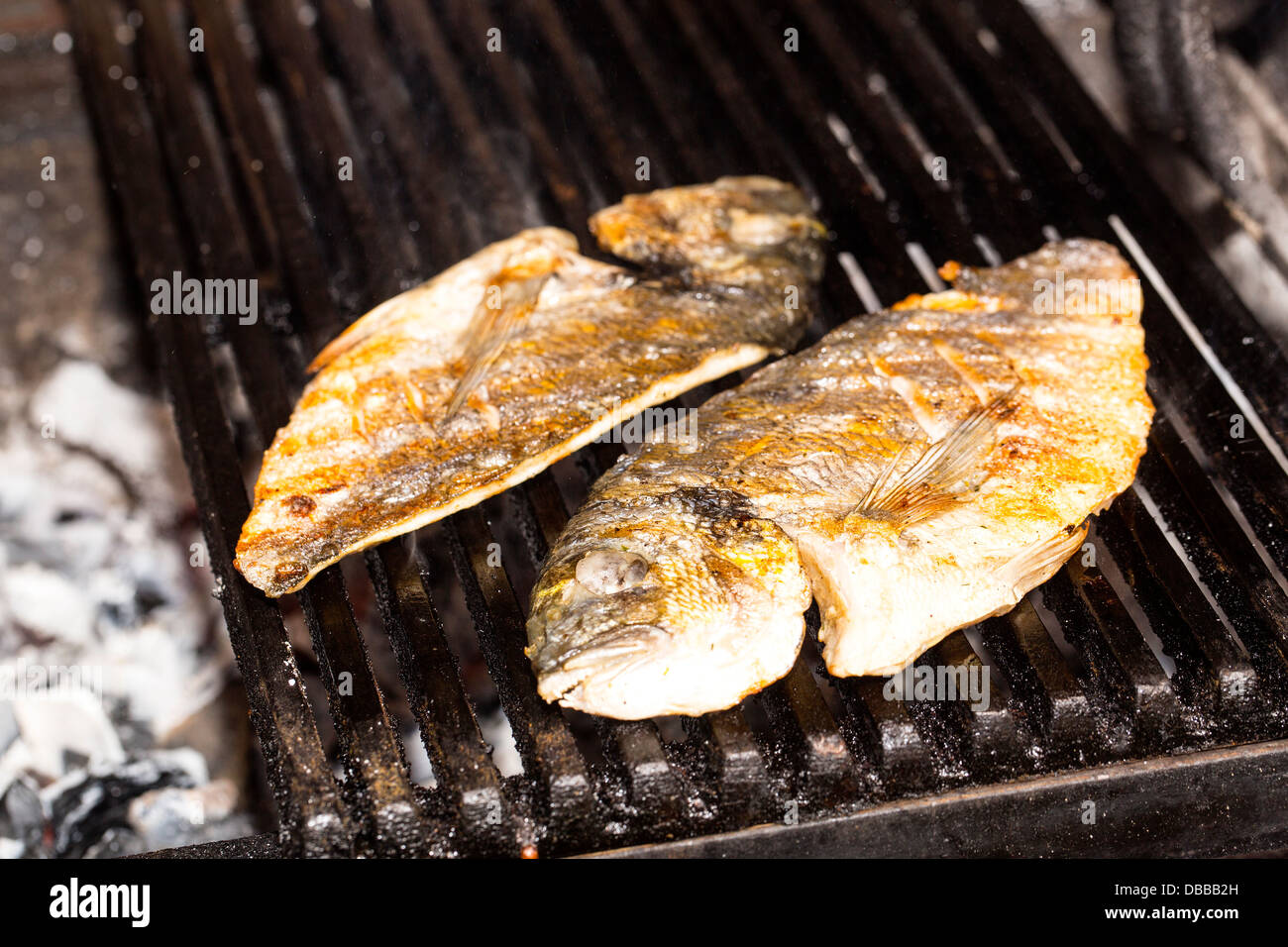 cooking fish on the grill in the restaurant Stock Photo - Alamy
