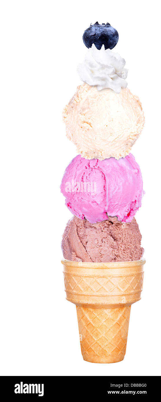 Three scoops of ice creams with cone and blue berrie on a top isolated ... Three scoops of ice creams with cone and blue berrie on a top isolated ...