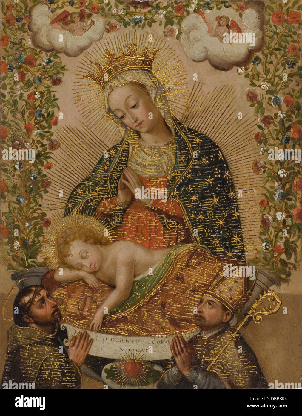 This religious painting depicts the Virgin Mary adoring the Christ ...