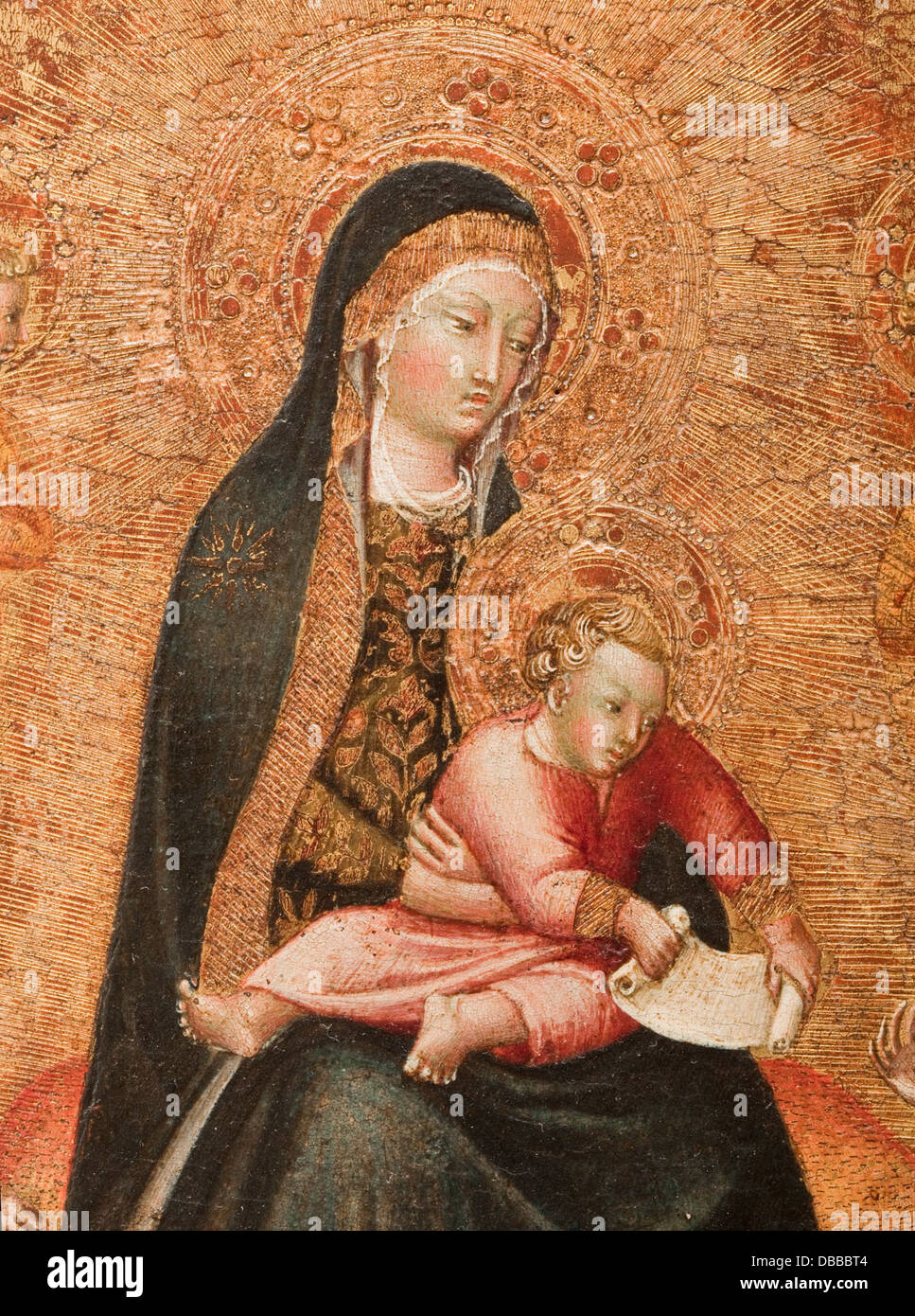 A religious artwork depicting the Virgin Mary and Child, surrounded by ...