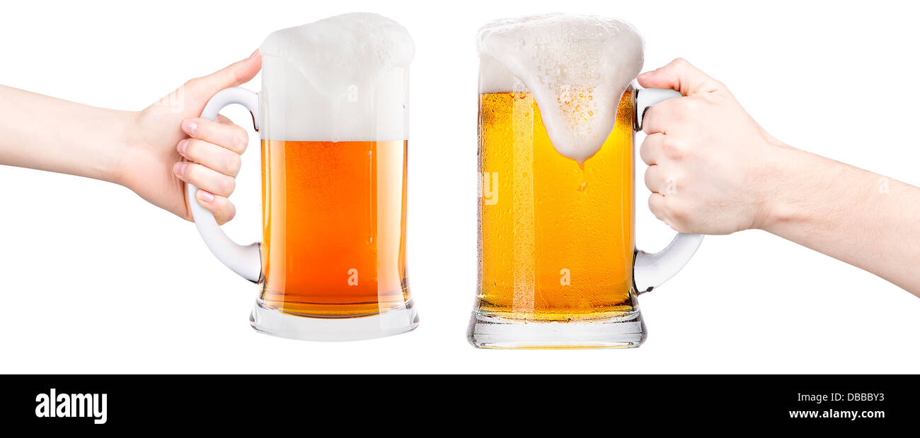 beer with man and woman hand making toast isolated on a white ...