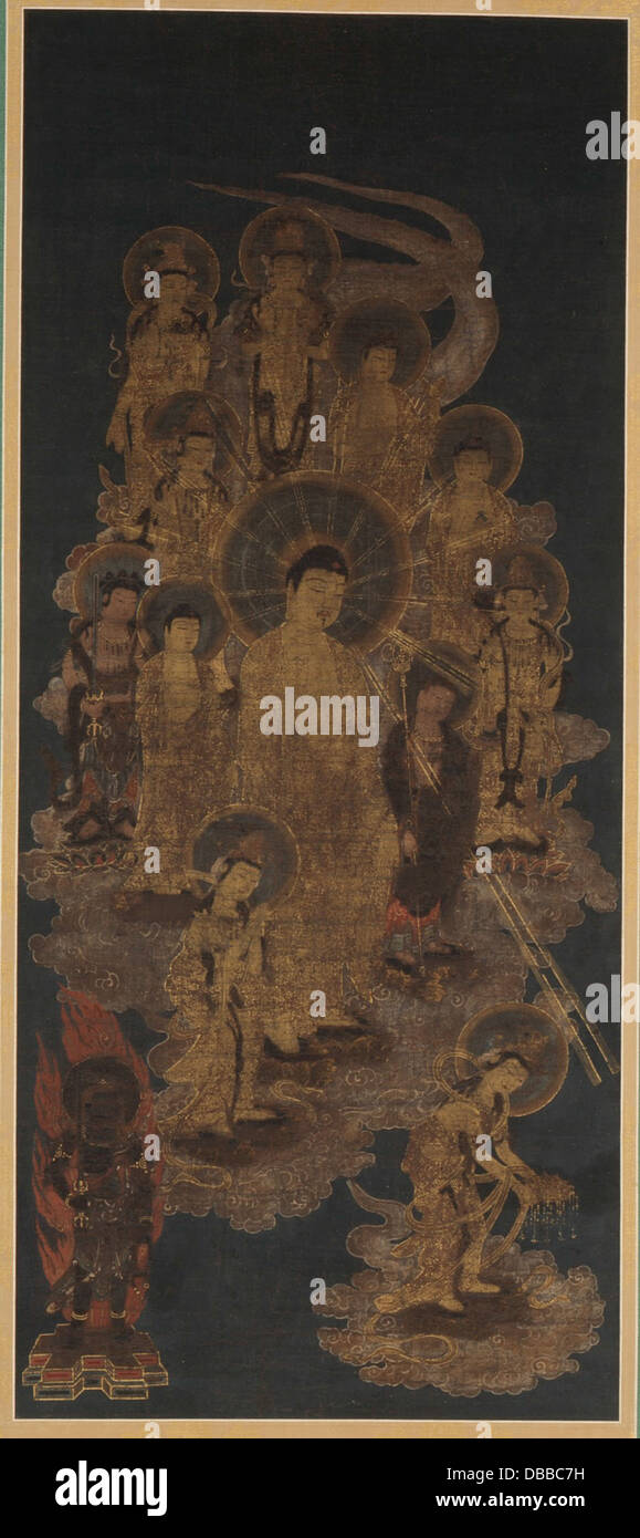 A depiction of thirteen Buddhas greeting a dying believer, illustrating ...