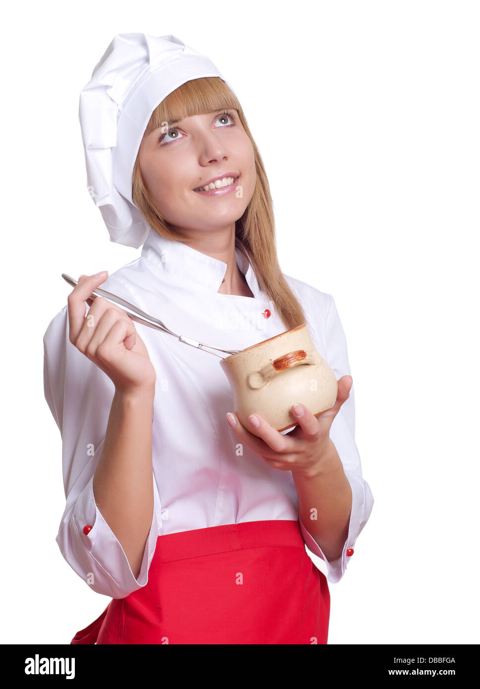 Attractive cook woman a over white background Stock Photo - Alamy