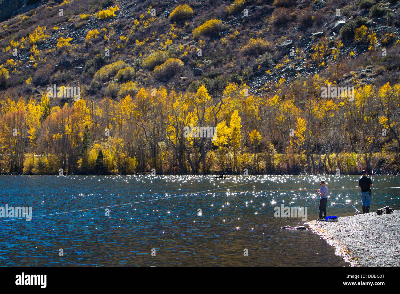A father and son fishing on Grant Lake in the June lake loop on a fine ...