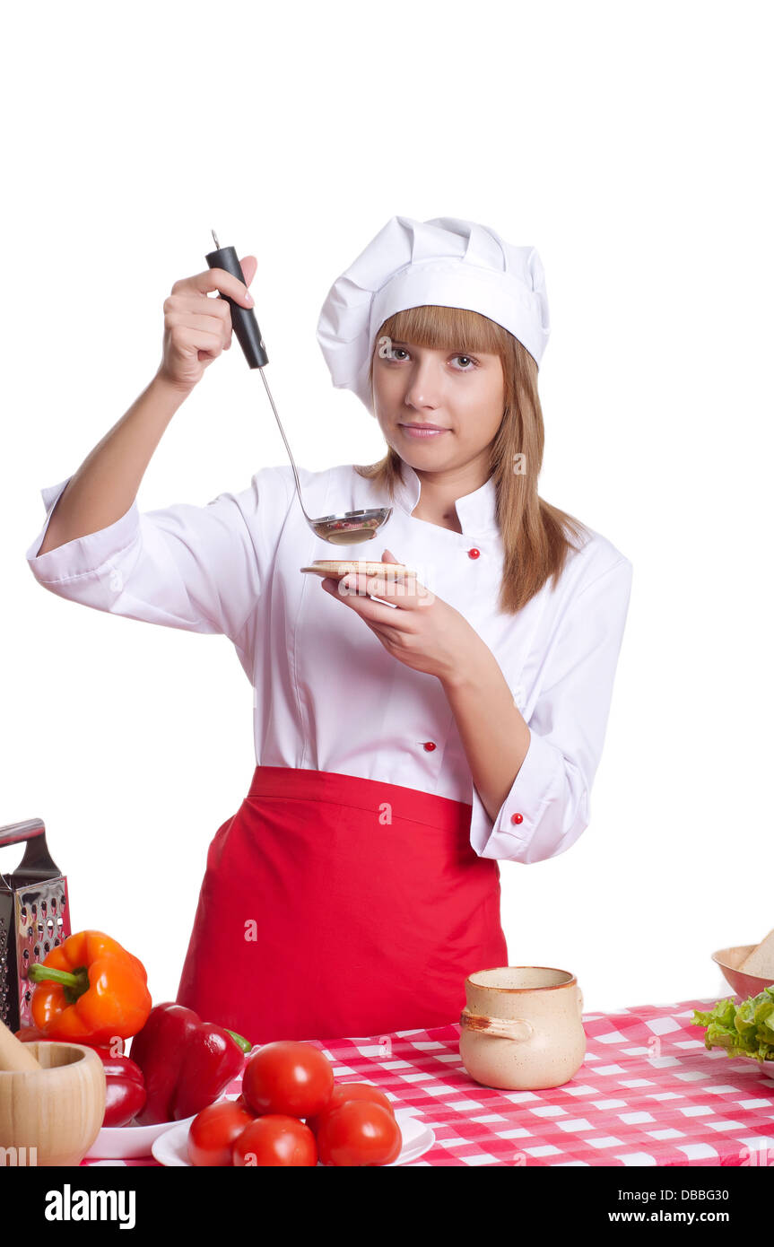Attractive cook woman a over white background Stock Photo - Alamy
