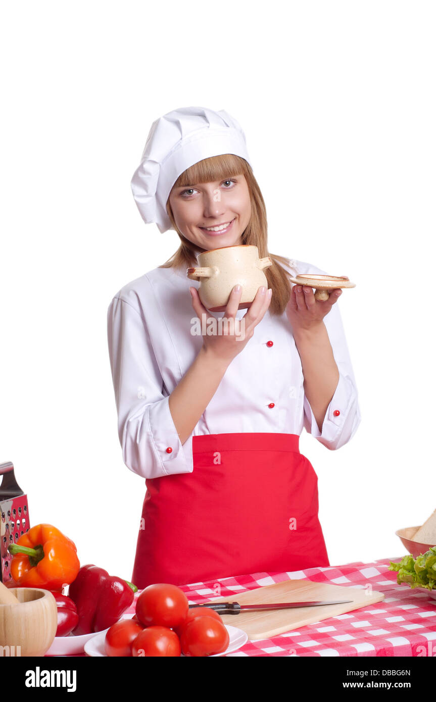 Attractive cook woman a over white background Stock Photo - Alamy