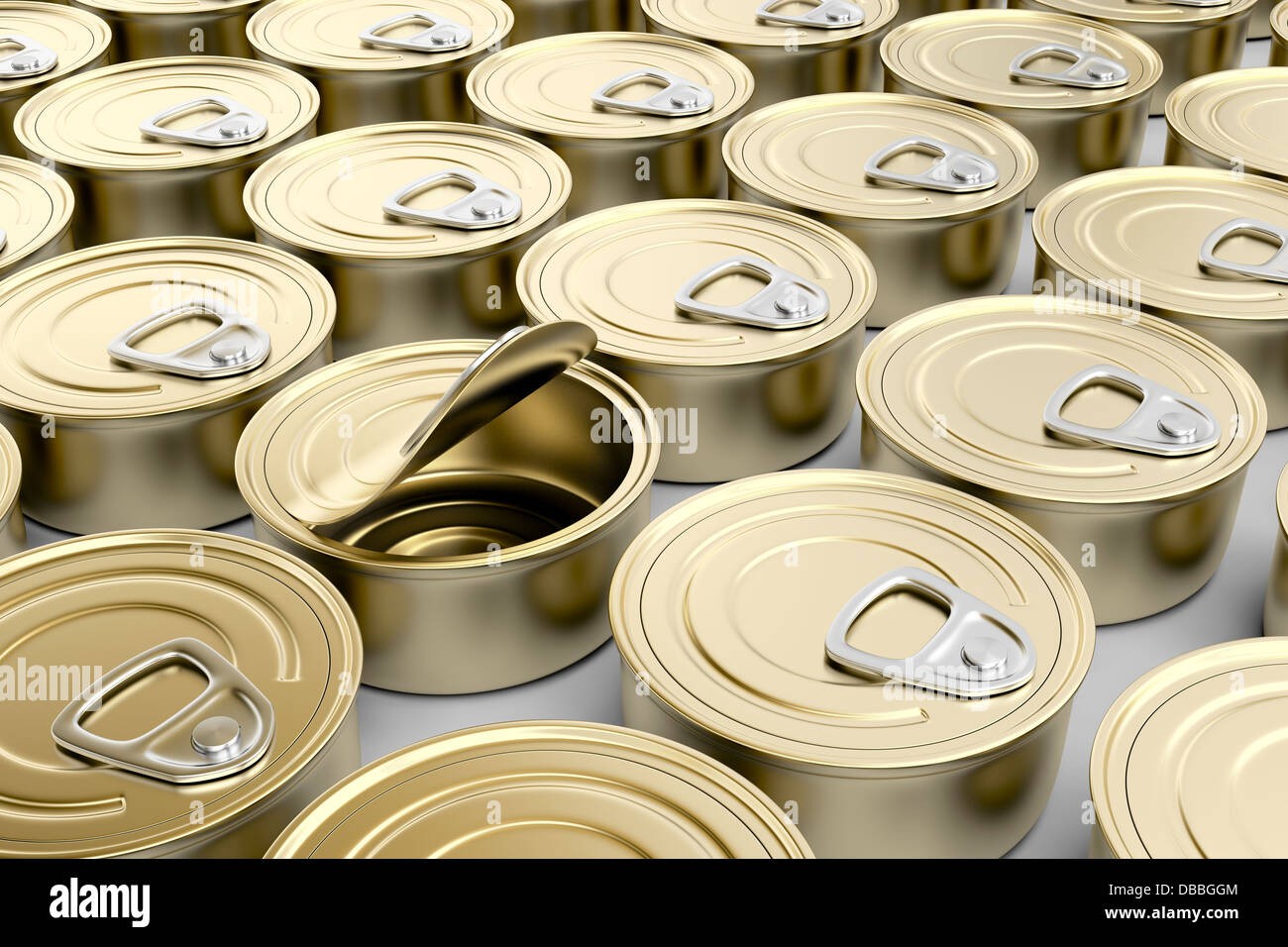 One defective tin can in multiple rows of tin cans Stock Photo - Alamy