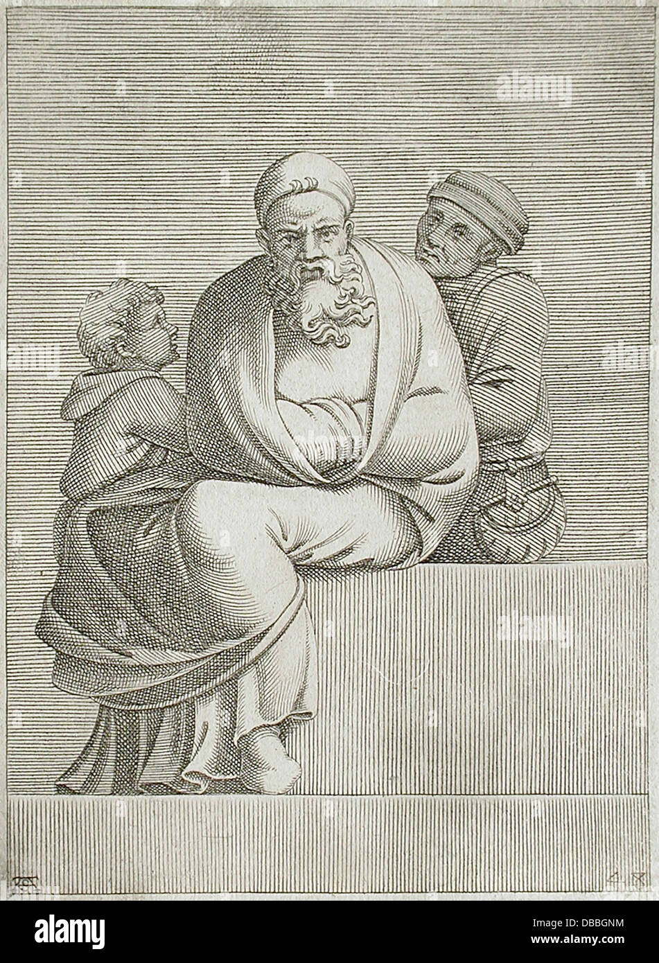 This sculpture depicts two men and a boy, likely representing familial ...