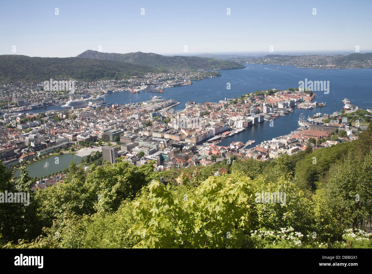 Bergen Norway Europe Aerial view of city from Mount Floyen viewpoint ...