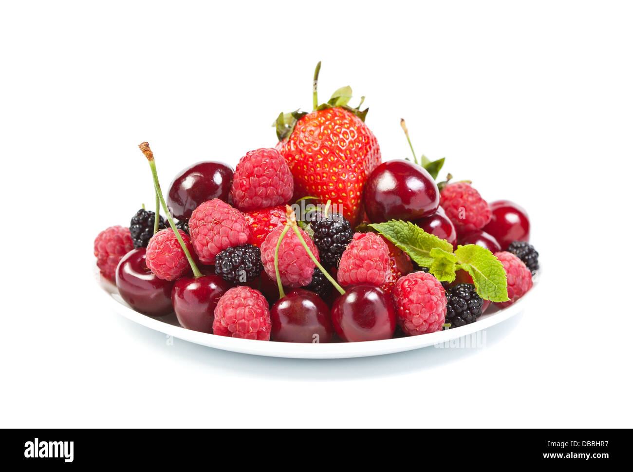 Mulberry, strawberry, raspberry and cherry on white background Stock ...
