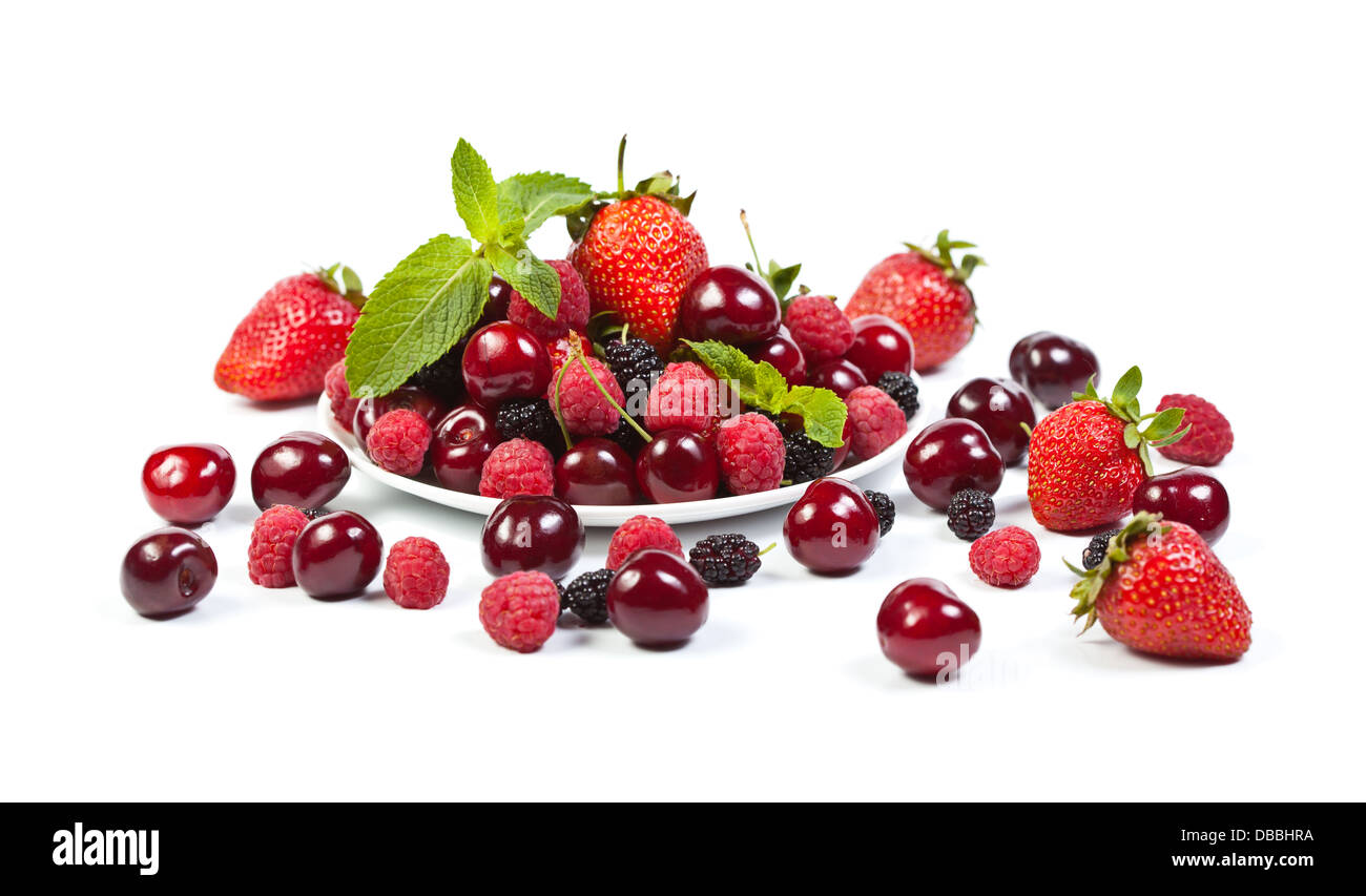Mulberry, strawberry, raspberry and cherry on white background Stock ...