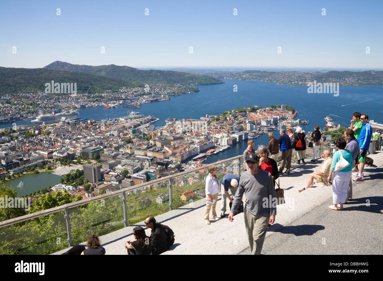 Bergen Norway Europe Tourists at the viewpoint on Mount Floyen looking ...
