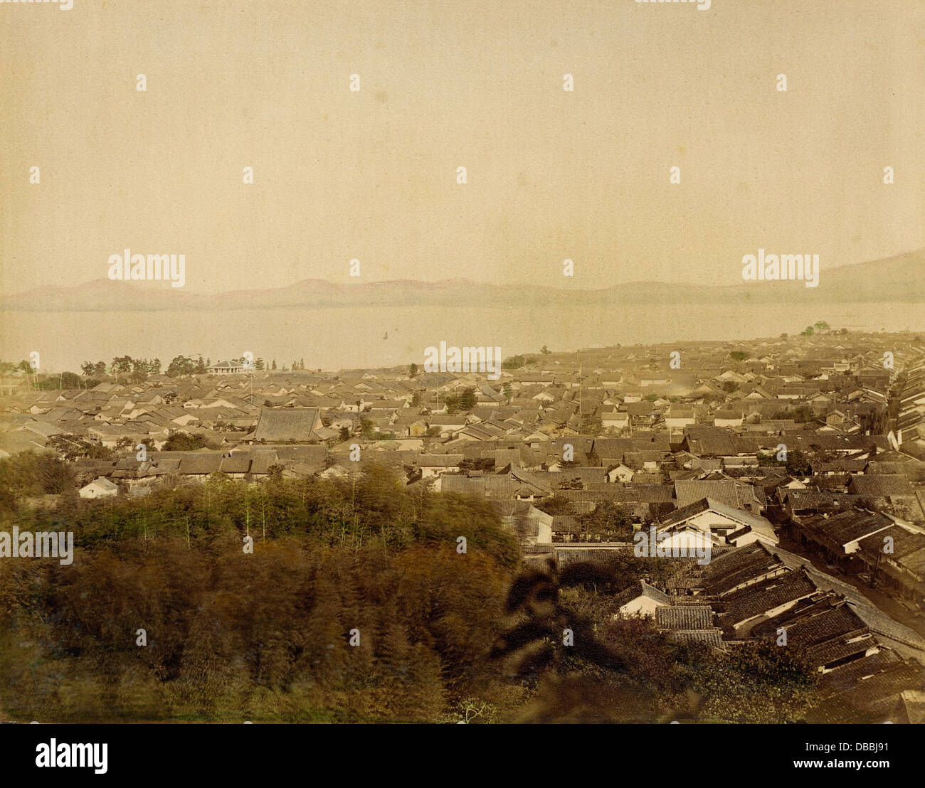 This painting offers a scenic view of Biwa Lake, Japan, captured in ...