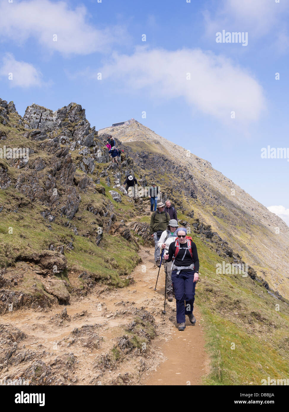 Group of Ramblers descending down the Rhyd Ddu path from Mount Snowdon ...