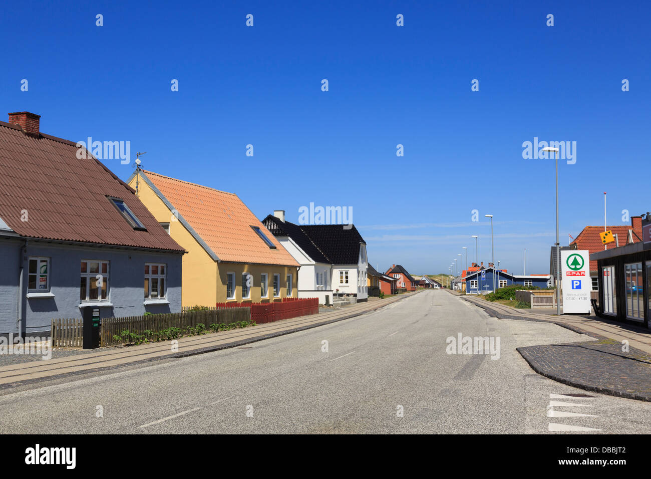 Typical houses along the main street (rd 181) in village of Thorsminde ...