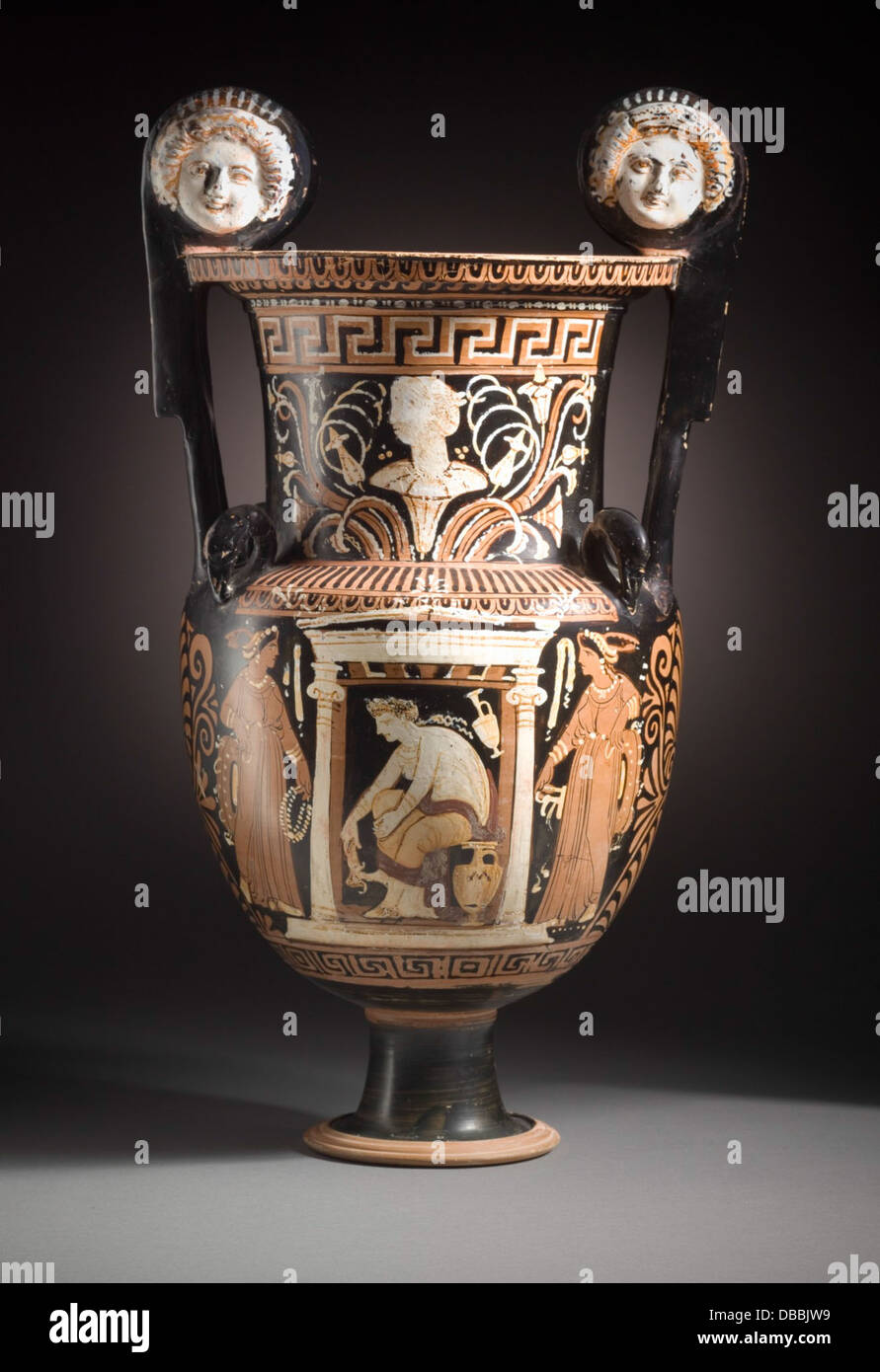 This volute-krater, a type of ancient Greek pottery, features a ...