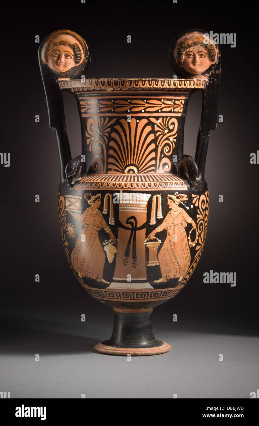 This volute-krater, a type of ancient Greek vase, depicts a woman ...