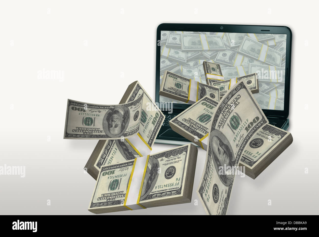 Money pouring out from a notebook computer Stock Photo - Alamy