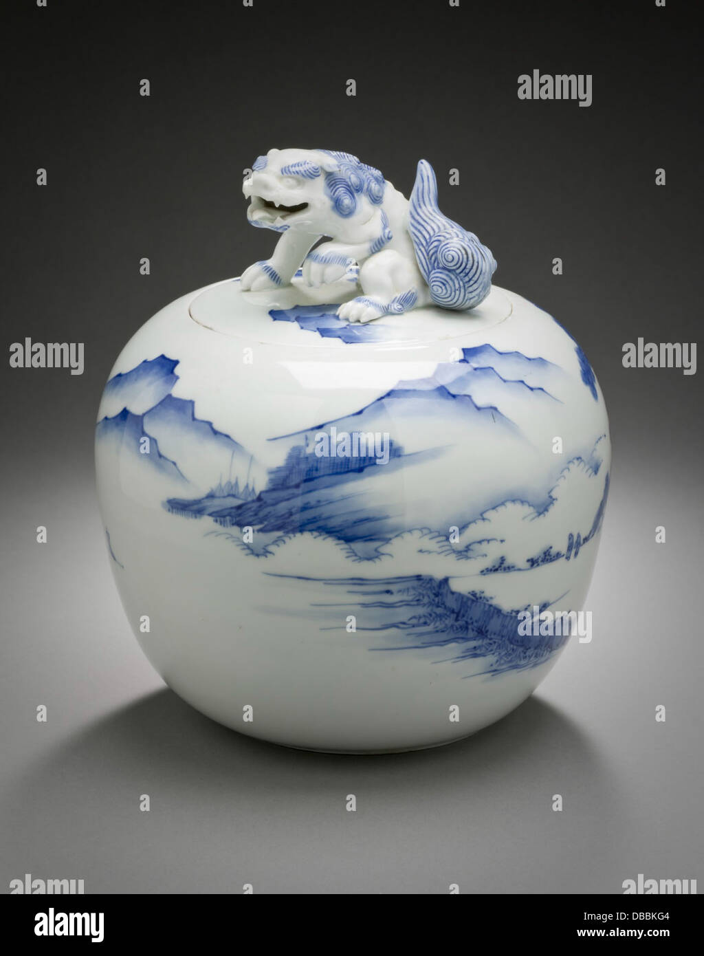 This Chinese water jar (mizusashi) features a landscape design with a ...