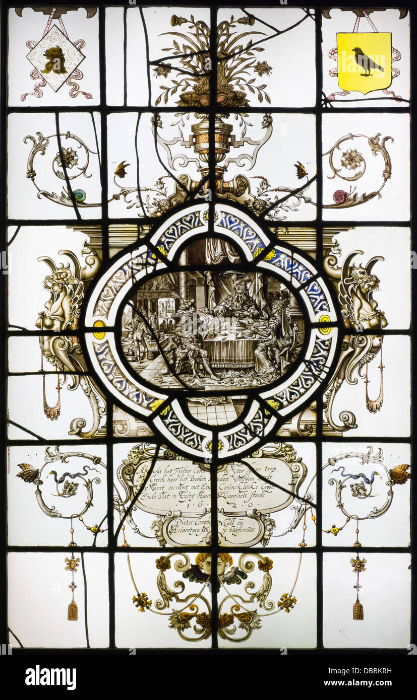 This window features a scene from the biblical story of Esther ...