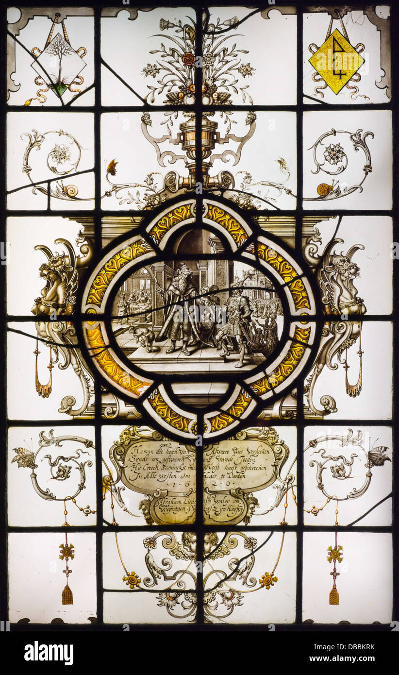 A stained-glass window depicting a scene from the biblical story of ...