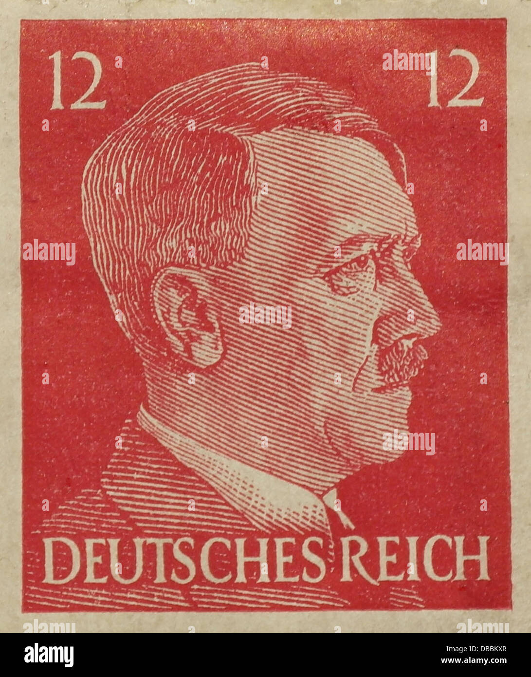 Red 12 Pfennigs postage stamp with head of Adolf Hitler facing right ...