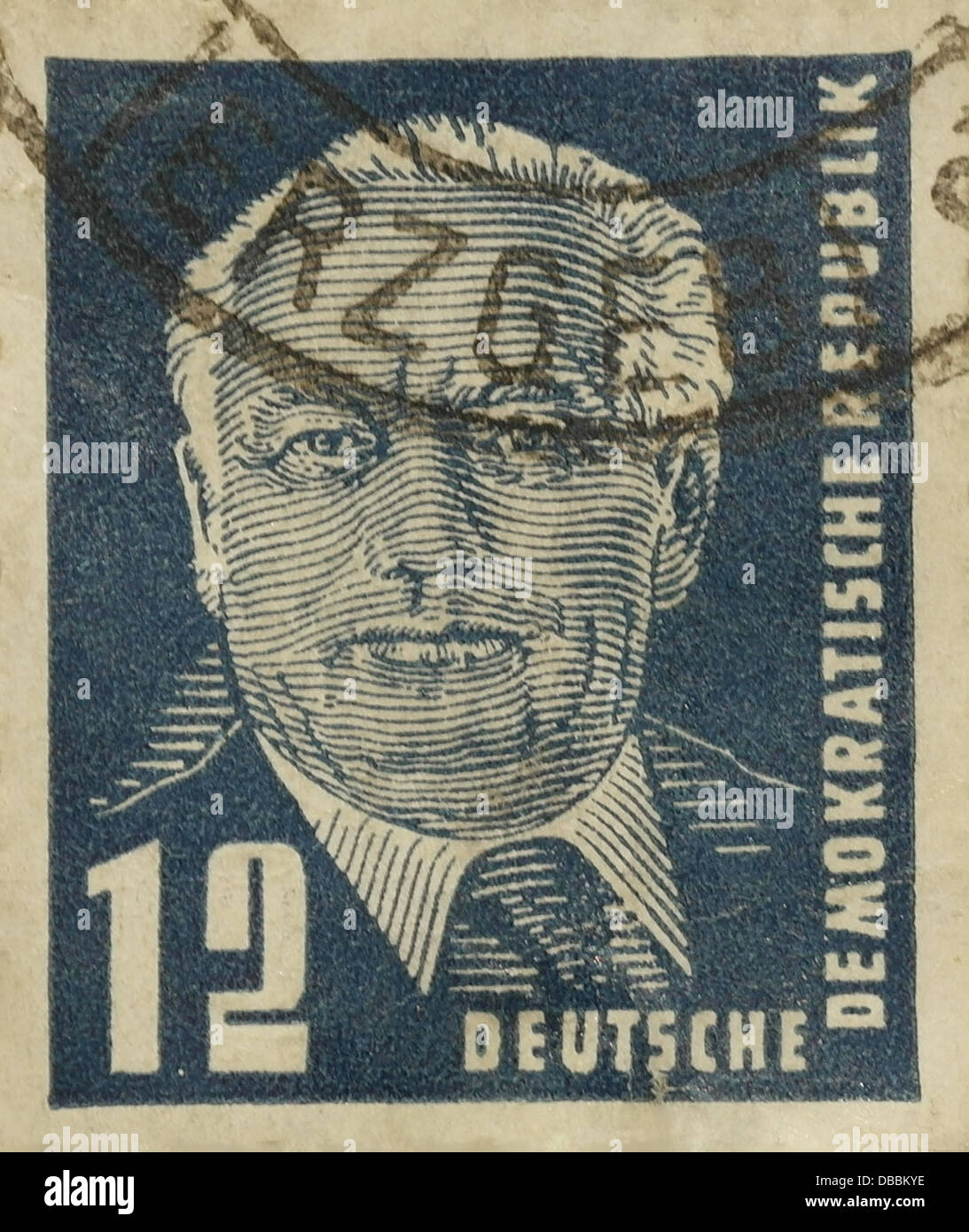 Blue 12 Pfennigs postage stamp, issued in 1950, bearing the head and ...