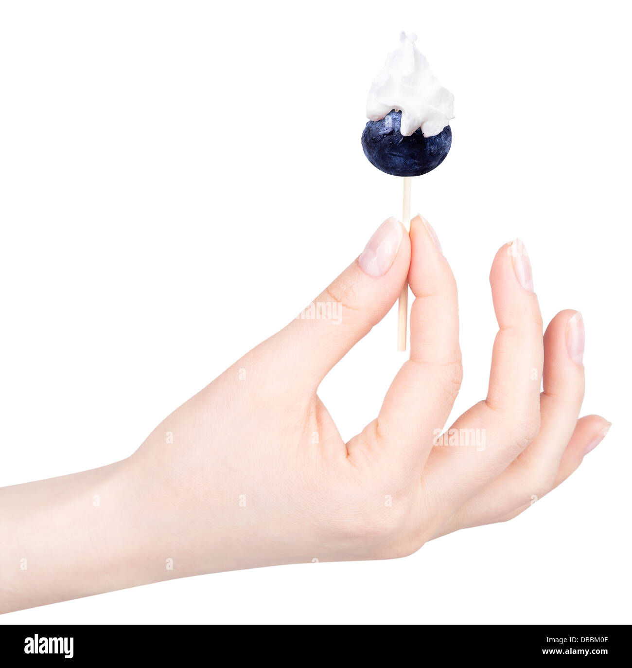 Whipped cream with tasty blueberrie with woman hand isolated background ...