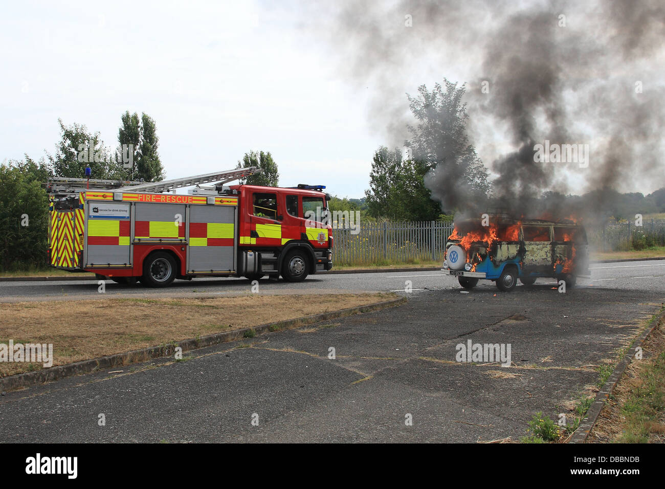 A 1970's Volkswagen Camper Van is destroyed by fire at North Weald ...