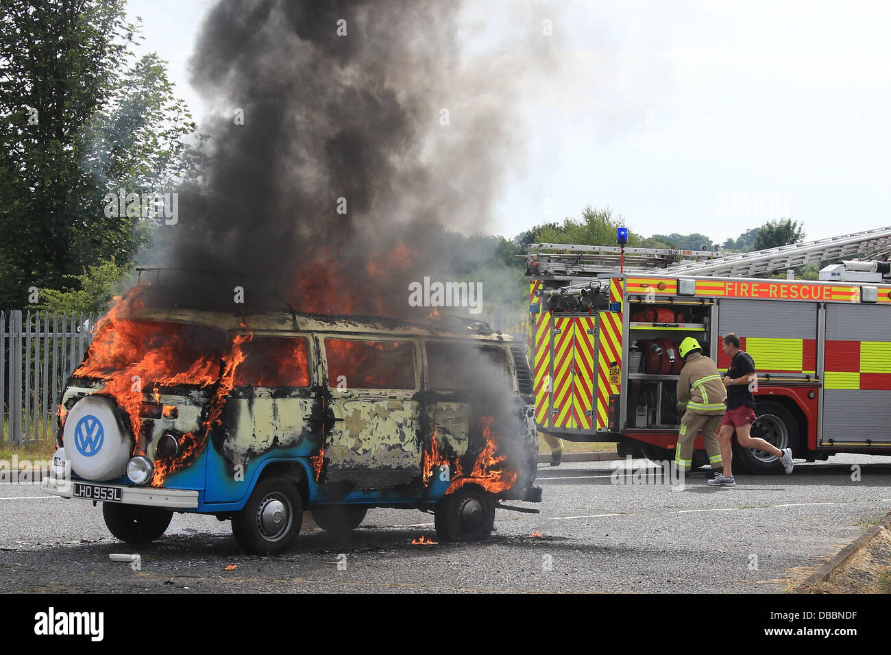 A 1970's Volkswagen Camper Van is destroyed by fire at North Weald ...