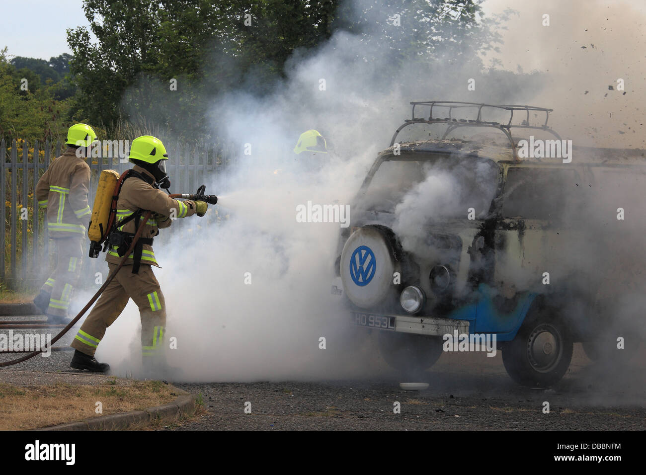A 1970's Volkswagen Camper Van is destroyed by fire at North Weald ...
