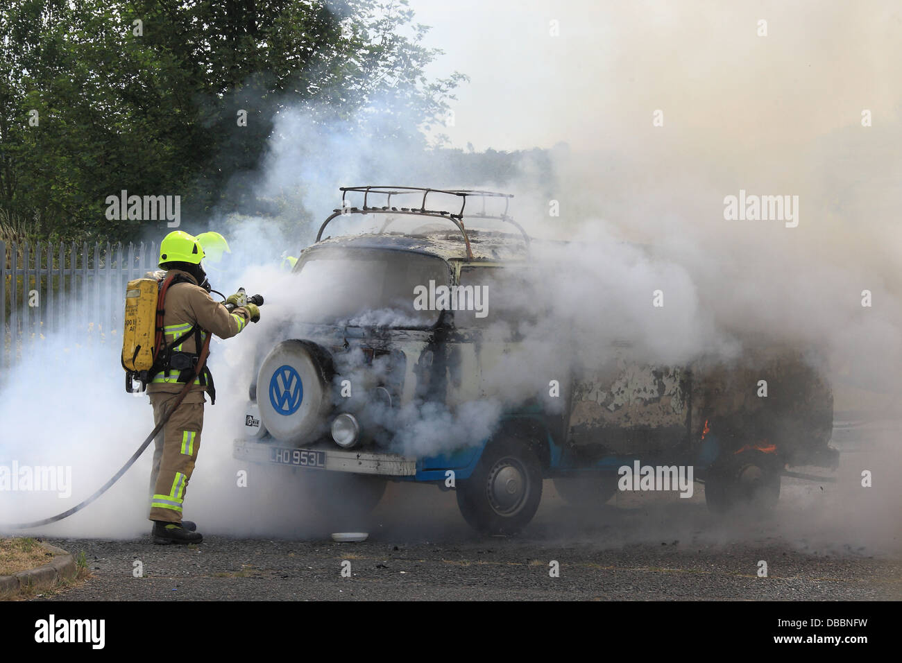 A 1970's Volkswagen Camper Van is destroyed by fire at North Weald ...