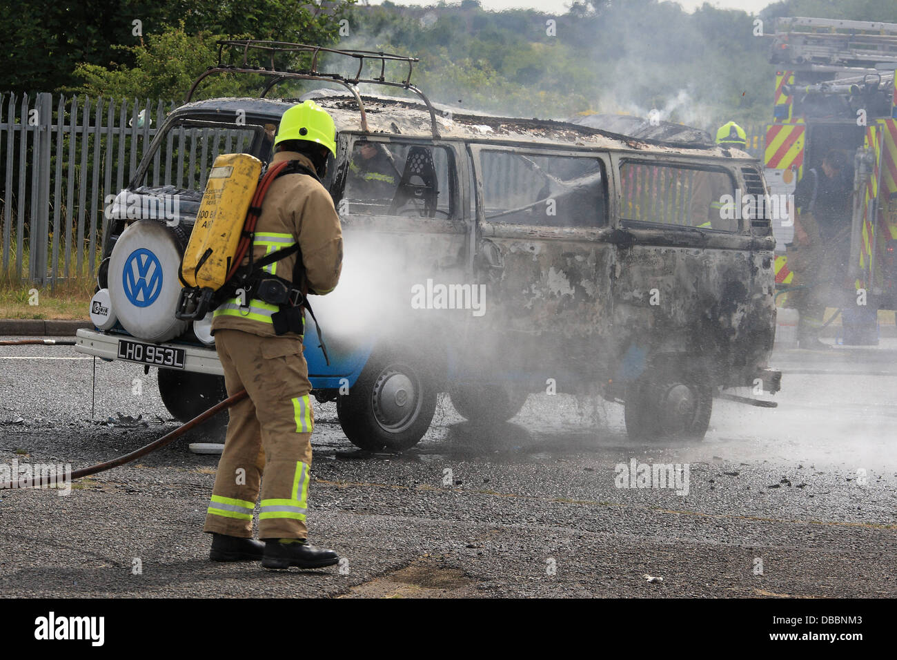 A 1970's Volkswagen Camper Van is destroyed by fire at North Weald ...