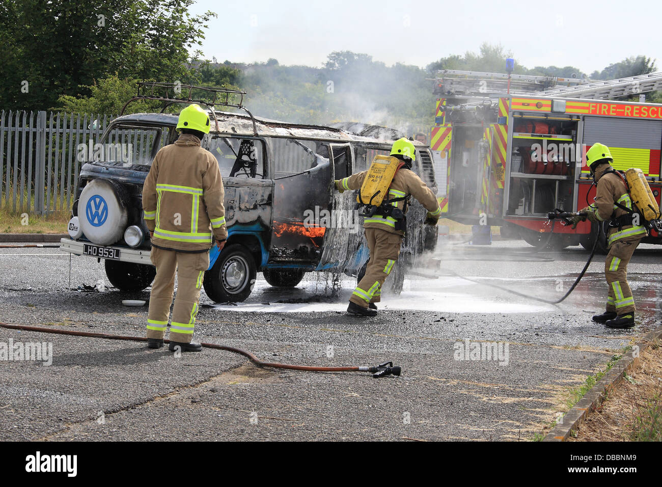 A 1970's Volkswagen Camper Van is destroyed by fire at North Weald ...
