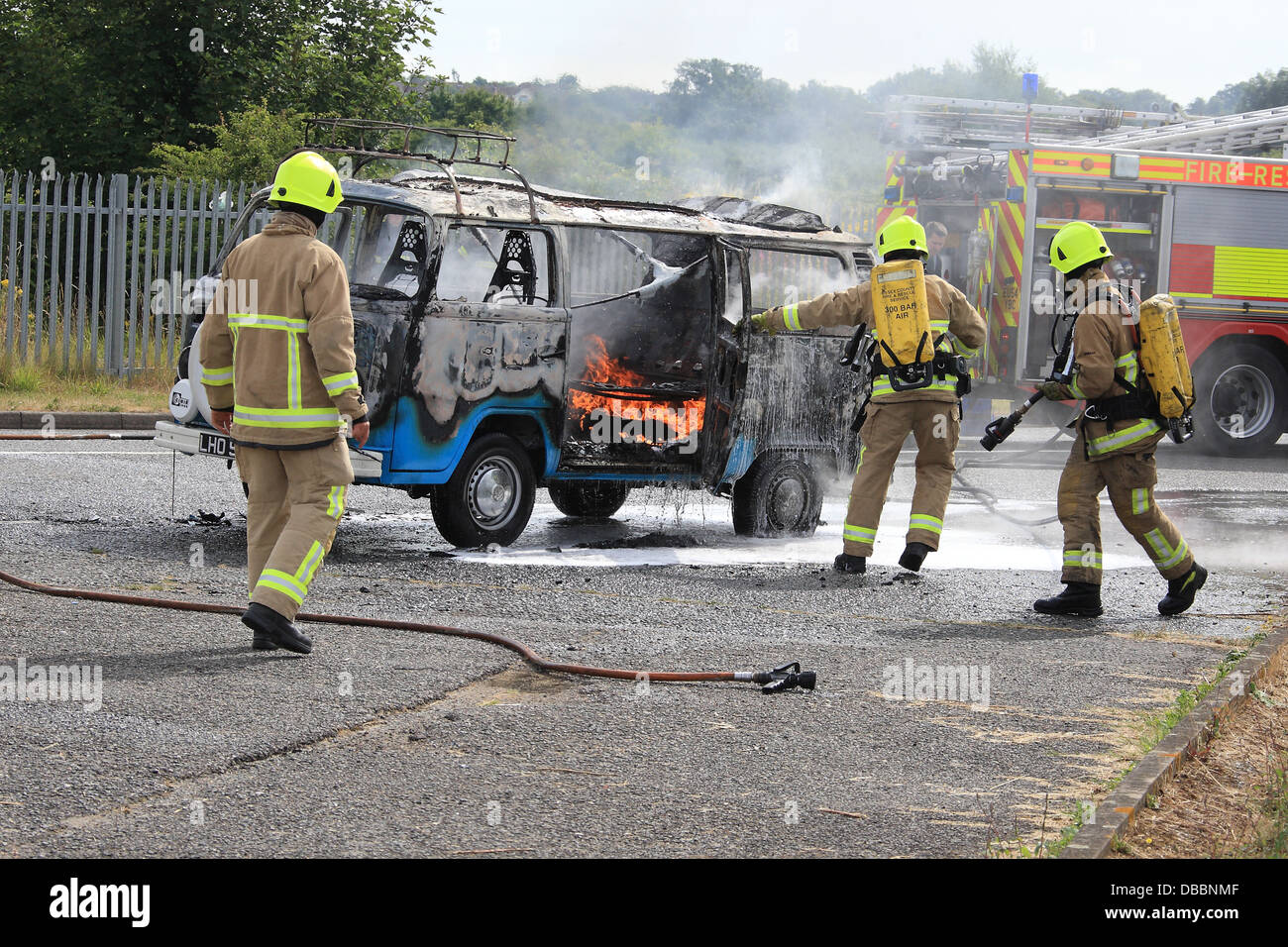 A 1970's Volkswagen Camper Van is destroyed by fire at North Weald ...