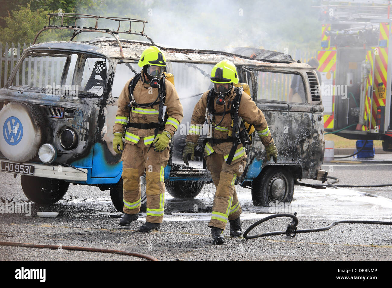A 1970's Volkswagen Camper Van is destroyed by fire at North Weald ...
