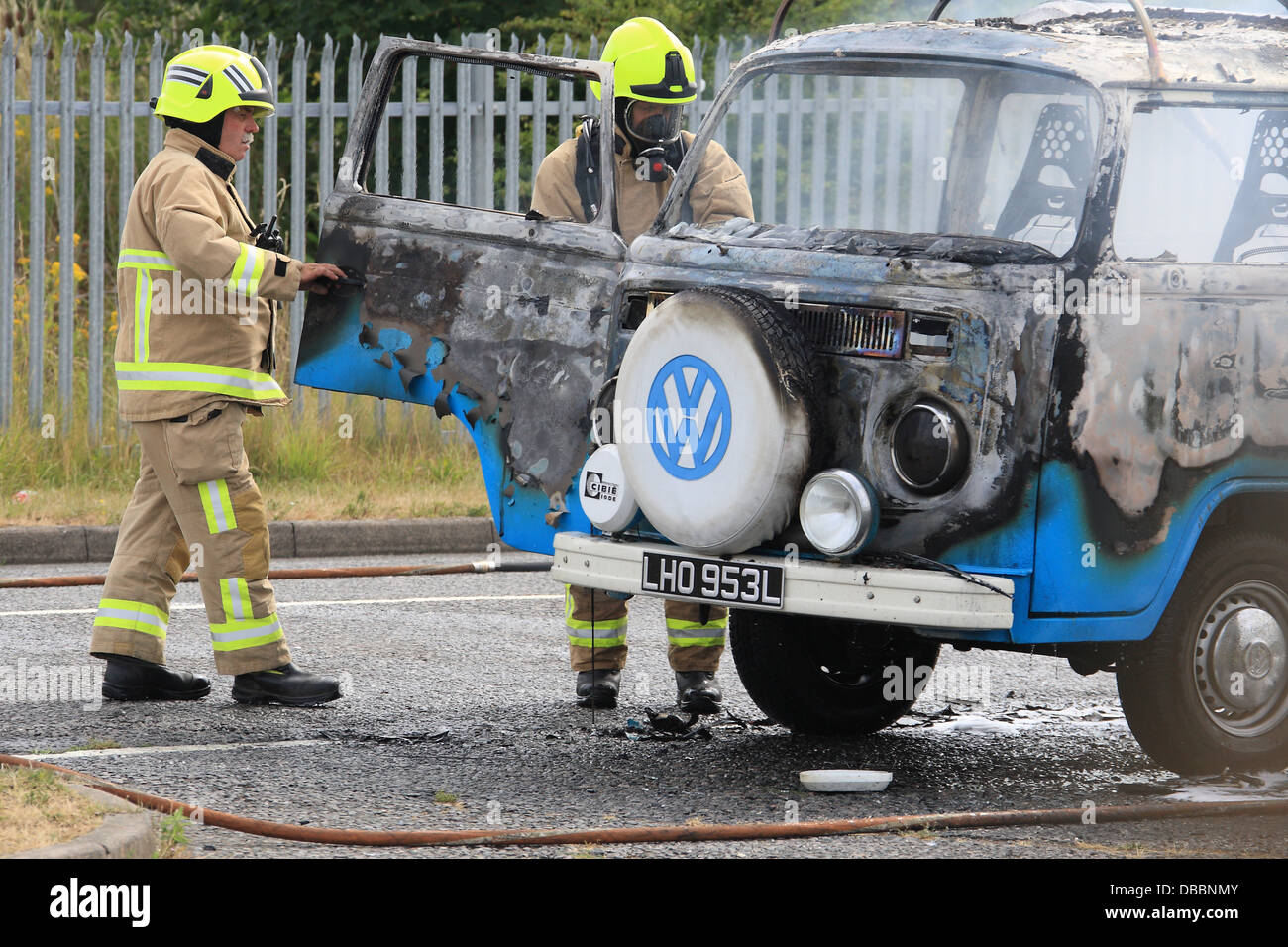 A 1970's Volkswagen Camper Van is destroyed by fire at North Weald ...