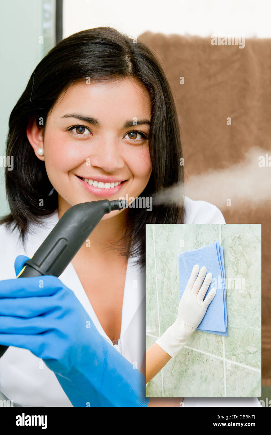 Collage of woman washing a bathroom Stock Photo - Alamy