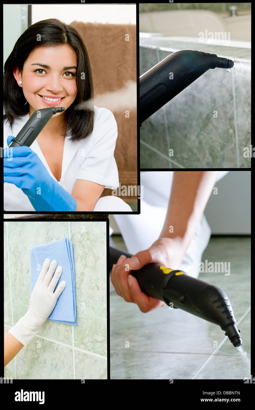 Collage of woman washing a bathroom Stock Photo - Alamy