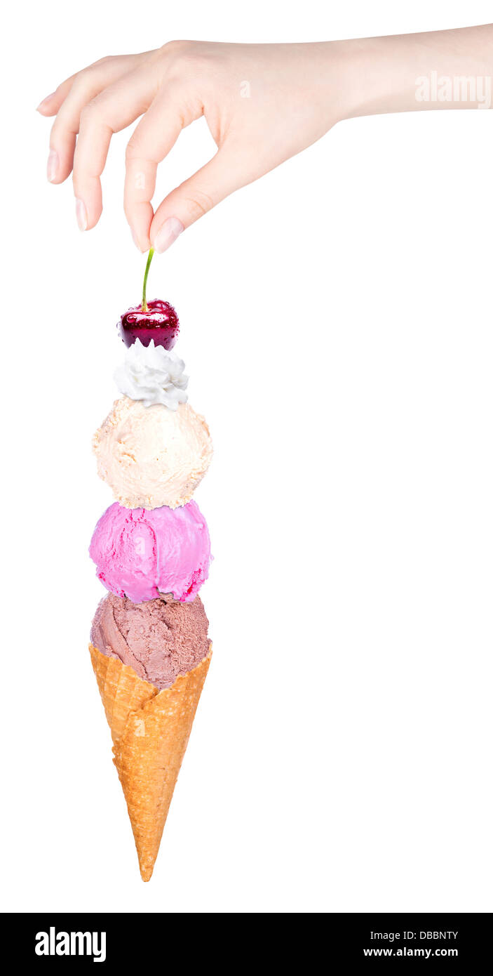 Three scoops of ice creams with cone and cherry on a top isolated ... Three scoops of ice creams with cone and cherry on a top isolated ...