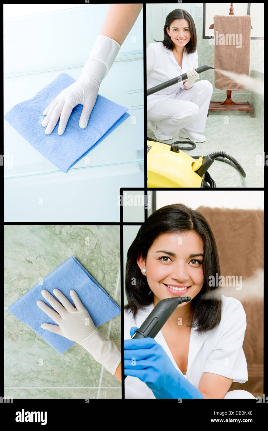 Collage of woman washing a bathroom Stock Photo - Alamy